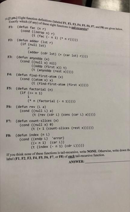 Solved 14.[2 pts.] Eight function definitions (labeled F1, | Chegg.com