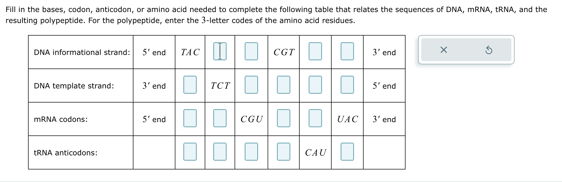 Solved Fill in the bases, codon, anticodon, or amino acid | Chegg.com