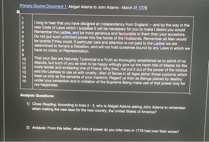 Primary Source Document 1: Abigail Adams to John | Chegg.com