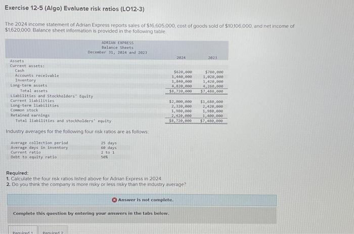 Solved Exercise 12-5 (Algo) Evaluate risk ratios (LO12-3) | Chegg.com