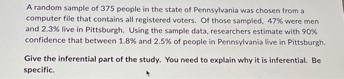 Solved A random sample of 375 people in the state of | Chegg.com