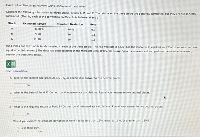 Solved Excel Online Structured Activity: CAPM, portfolio | Chegg.com