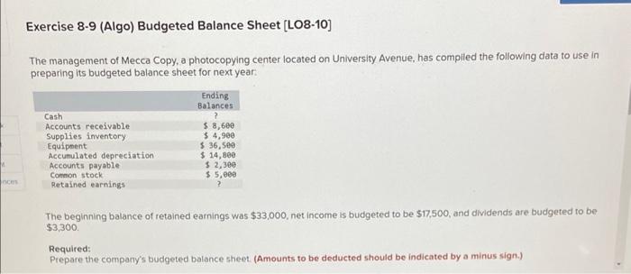 Solved Exercise 8-9 (Algo) Budgeted Balance Sheet [LO8-10] | Chegg.com