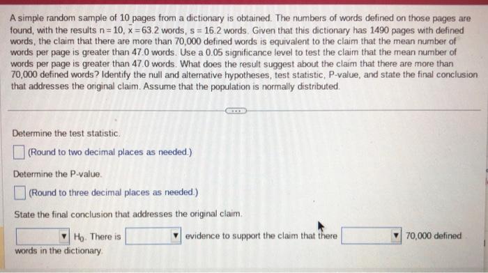Solved A simple random sample of 10 pages from a dictionary | Chegg.com