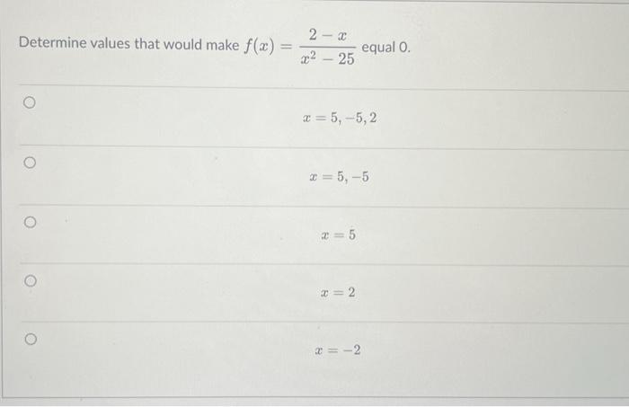 Solved Determine values that would make f(x)=x2−252−x equal | Chegg.com