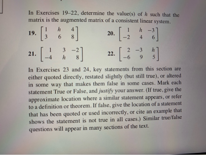 Solved In Exercises 19-22, determine the value(s) of h such | Chegg.com