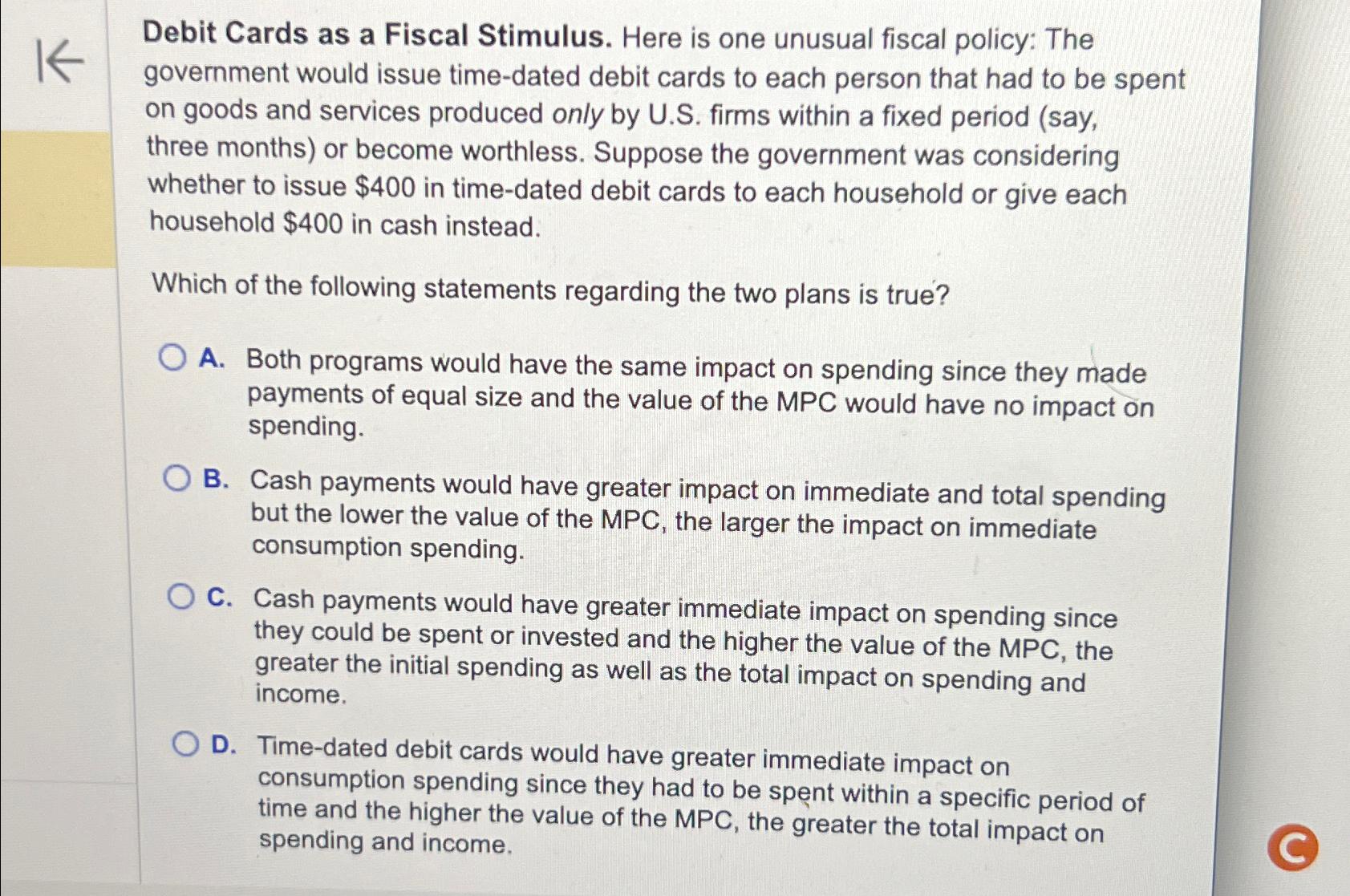 Solved Debit Cards as a Fiscal Stimulus. Here is one unusual | Chegg.com