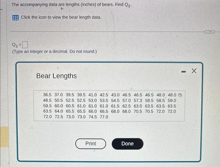 Solved The accompanying data are lengths (inches) of bears. | Chegg.com