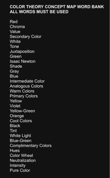 COLOR THEORY CONCEPT MAP WORD BANK ALL WORDS MUST BE | Chegg.com