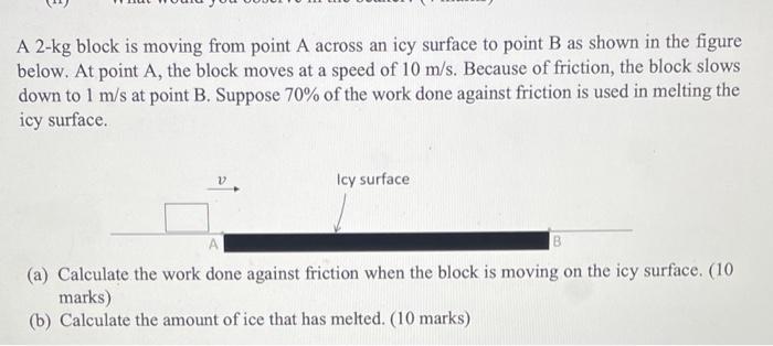 Solved A 2-kg block is moving from point A across an icy | Chegg.com