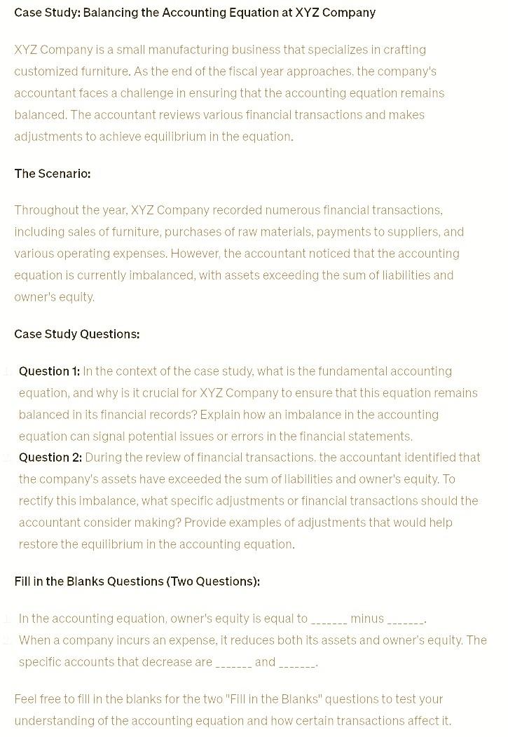 Solved Case Study: Balancing the Accounting Equation at XYZ | Chegg.com