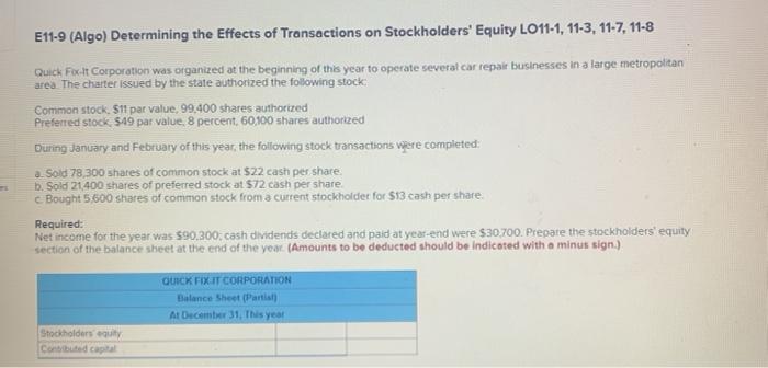 Solved E11-9 (Algo) Determining the Effects of Transactions | Chegg.com