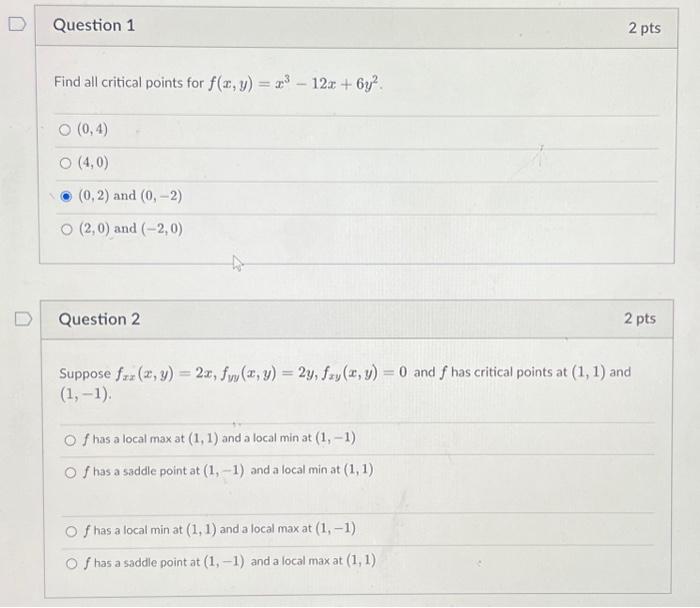 Solved Find all critical points for f(x,y)=x3−12x+6y2. (0,4) | Chegg.com