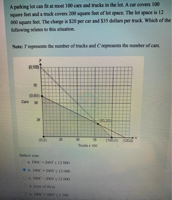 Solved A parking lot can fit at most 100 cars and trucks in | Chegg.com