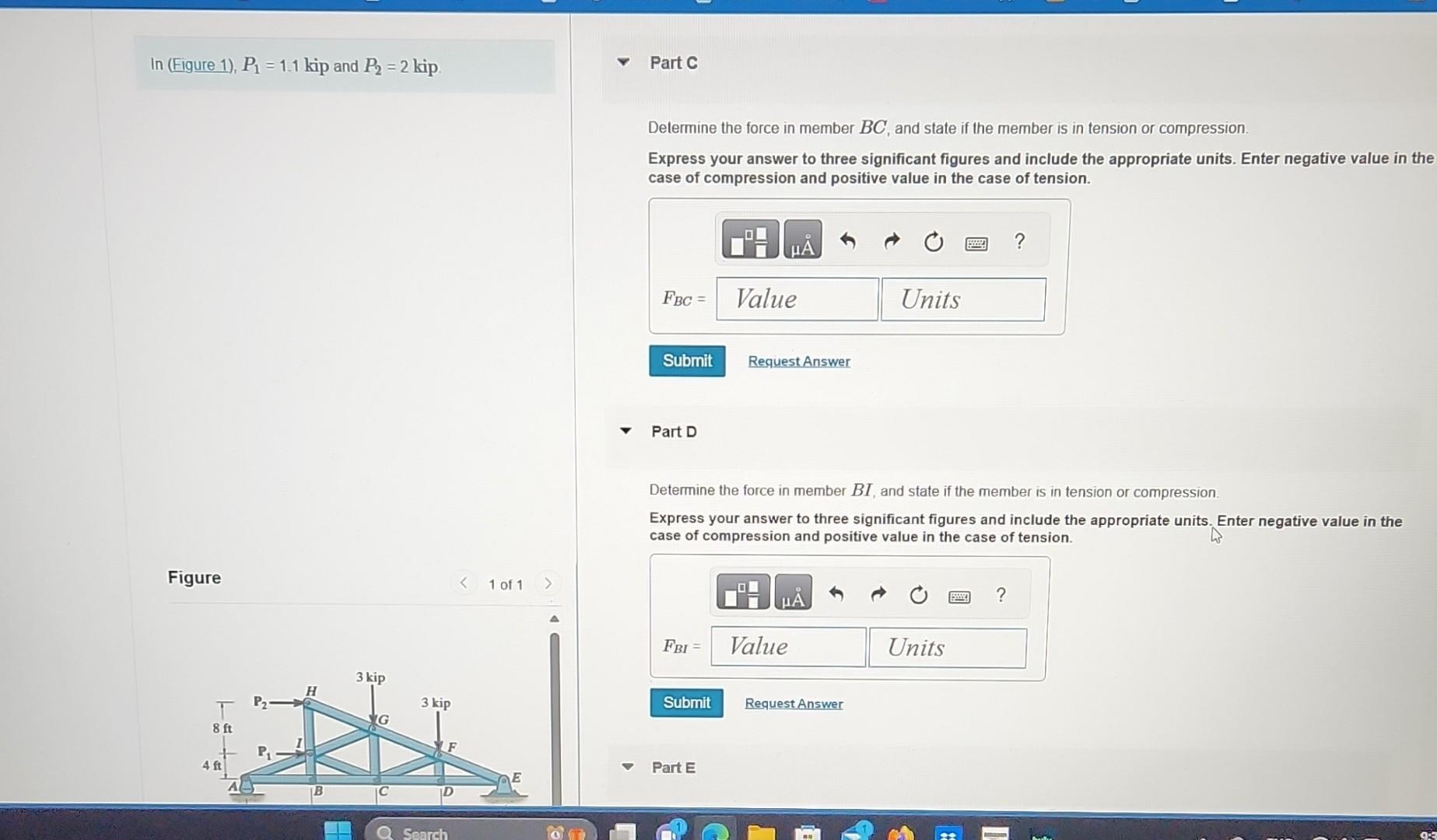 Solved In (Figure 1), P1=1.1 kip and P2=2 kip. Part C | Chegg.com