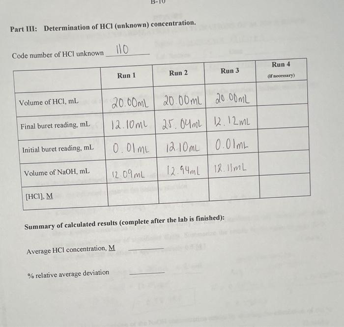 Solved please fill in the table, find the average hcl | Chegg.com