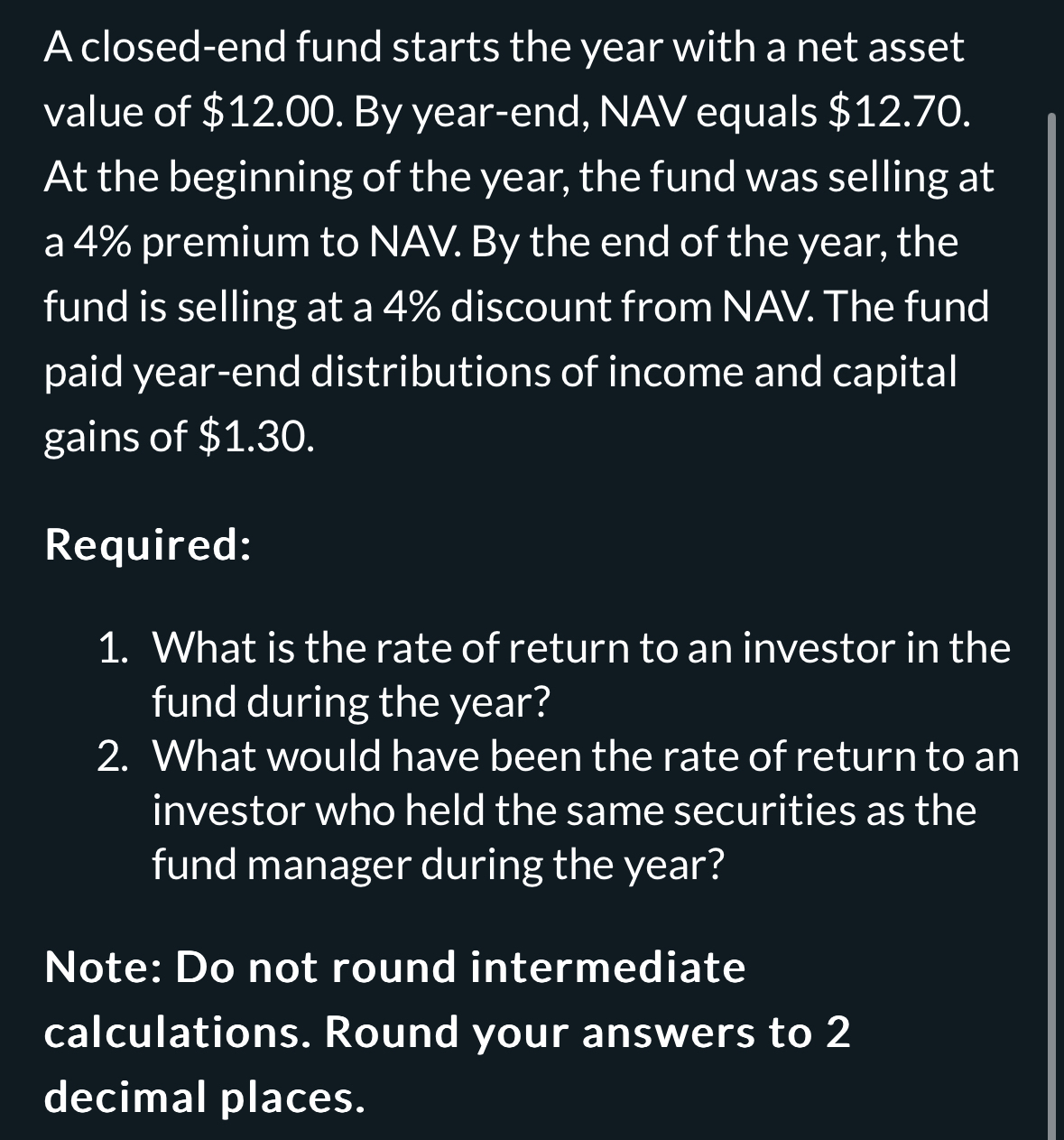 Solved A closed-end fund starts the year with a net asset | Chegg.com