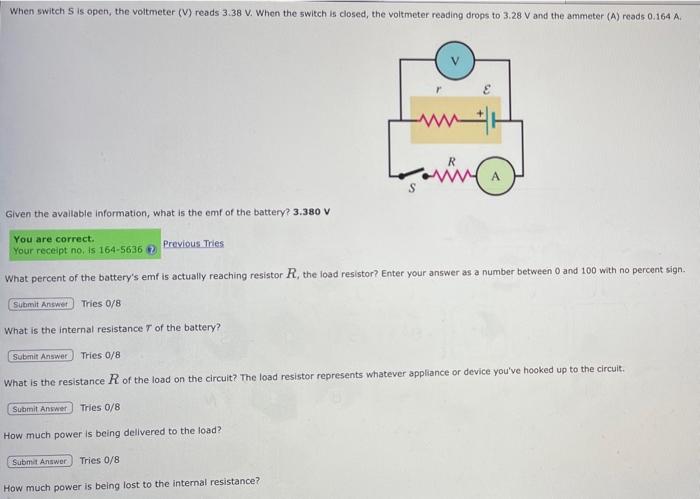Solved When Switch S is open, the voltmeter (V) reads 3.38 | Chegg.com