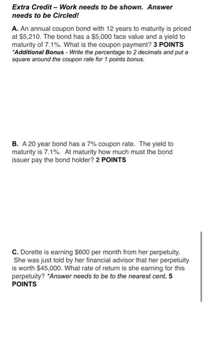 Solved Extra Credit - Work needs to be shown. Answer needs | Chegg.com