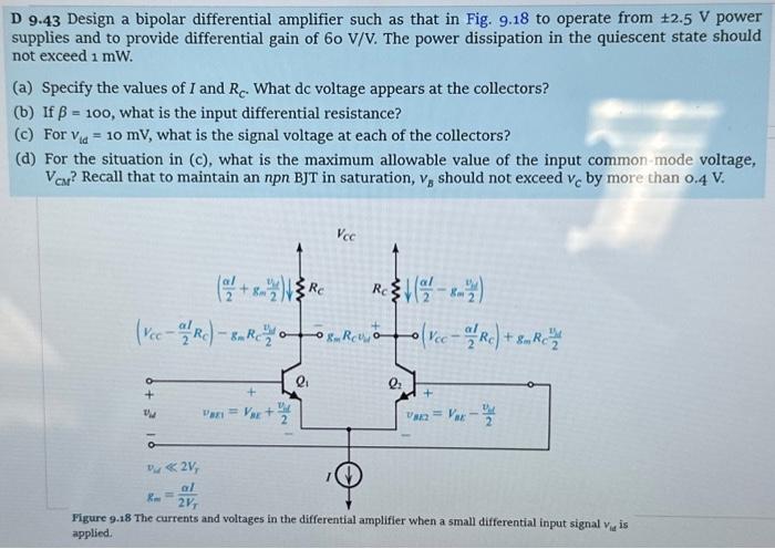 Solved D 9.43 Design a bipolar differential amplifier such | Chegg.com