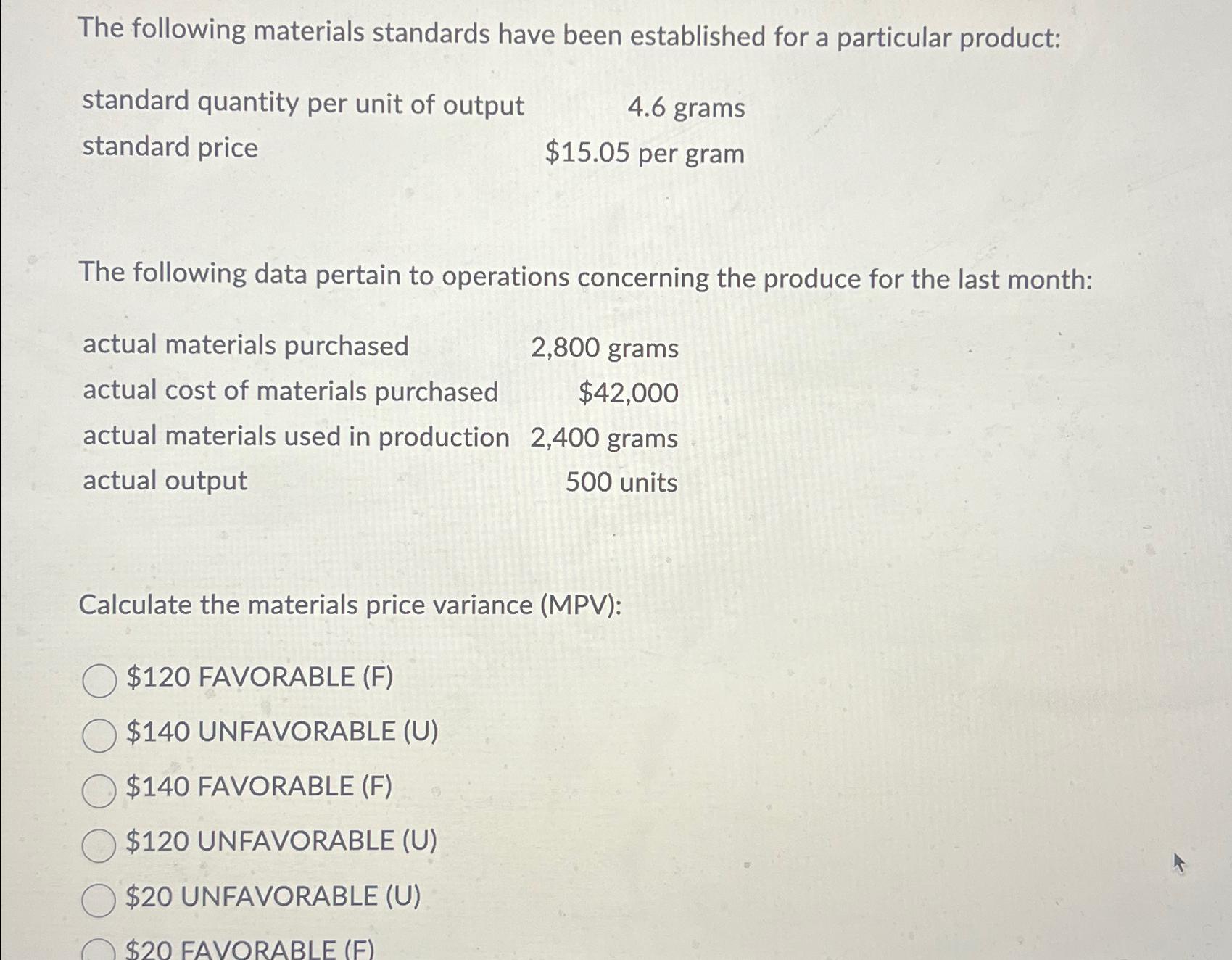 Solved The following materials standards have been | Chegg.com