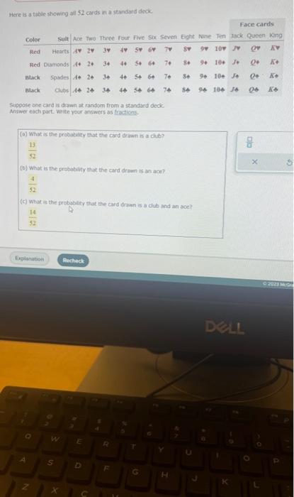 Solved Here is a table showing at 52 cards in a standat df | Chegg.com
