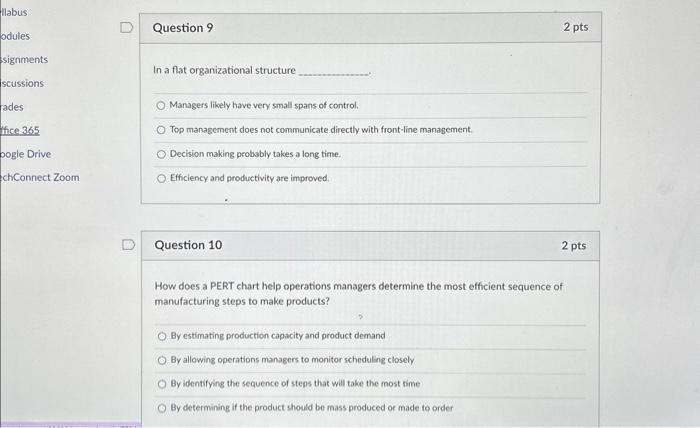 Solved Question 9 2 pts In a flat organizational structure | Chegg.com