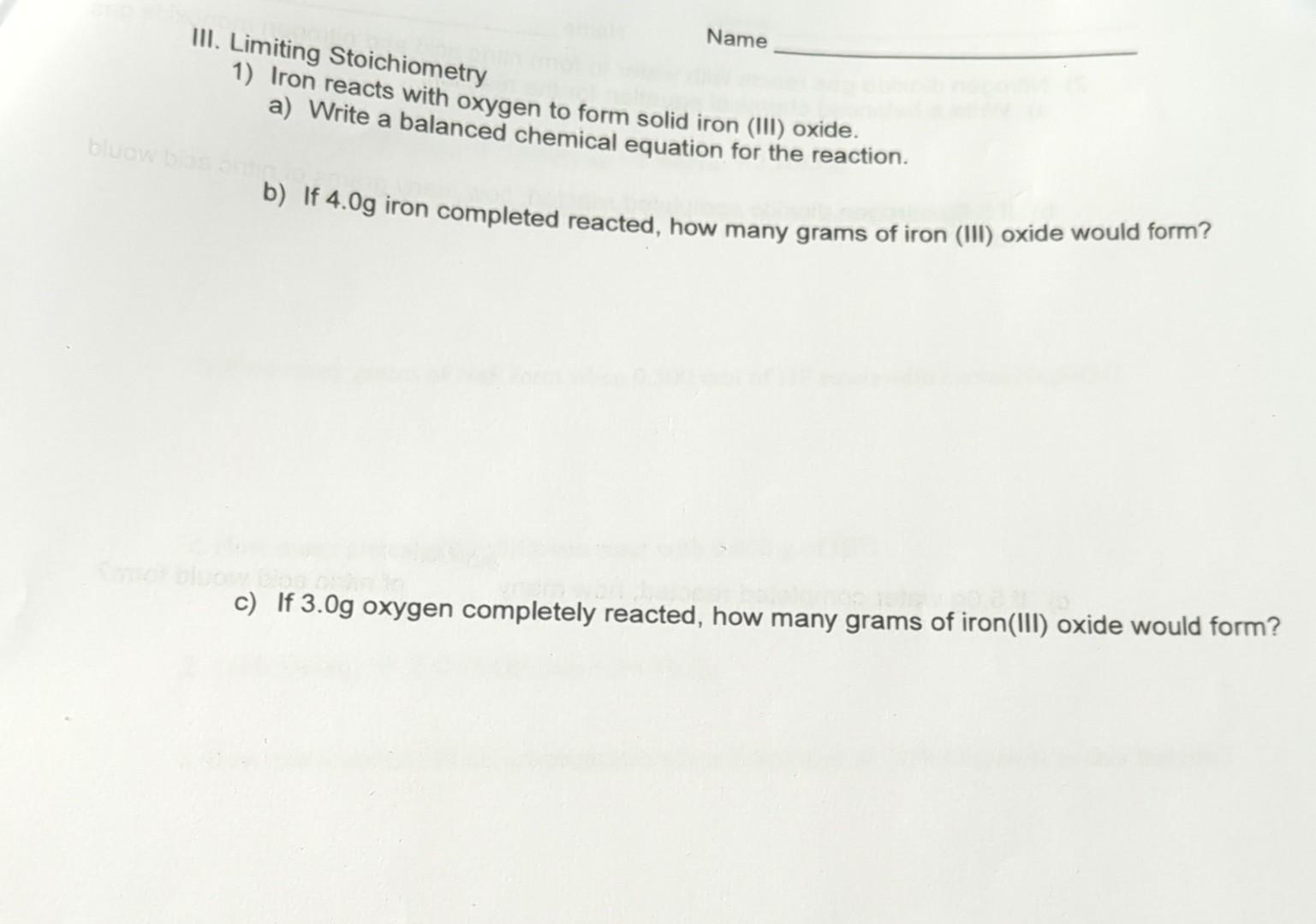 Solved III. Limiting Stoichiometry Name 1) Iron reacts with | Chegg.com