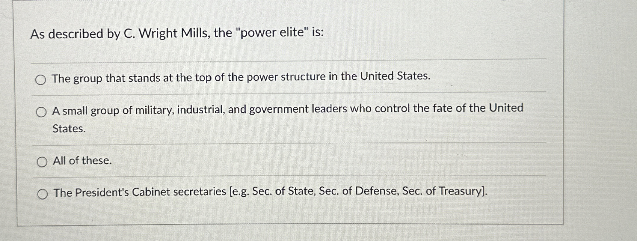 Solved As described by C. ﻿Wright Mills, the "power elite" | Chegg.com