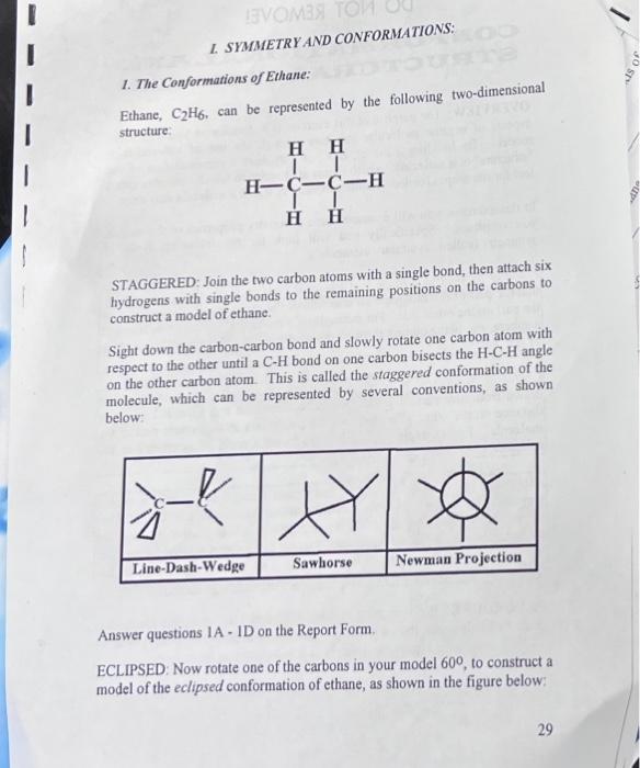 Solved I. SYMMETRY AND CONFORMATIONS: ETHANE - staggered | Chegg.com