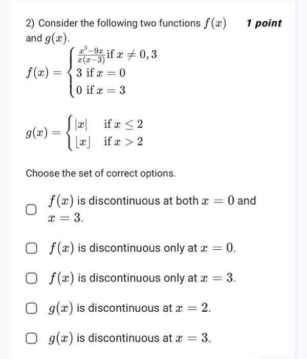 Solved 2) Consider the following two functions f(x)1 point | Chegg.com