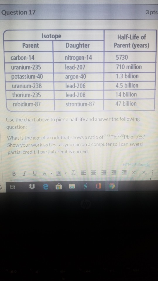 Solved Question 16 3 pts Half-Life of Parent (years) | Chegg.com