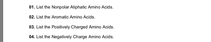 Solved 01. List the Nonpolar Aliphatic Amino Acids. 02. List | Chegg.com
