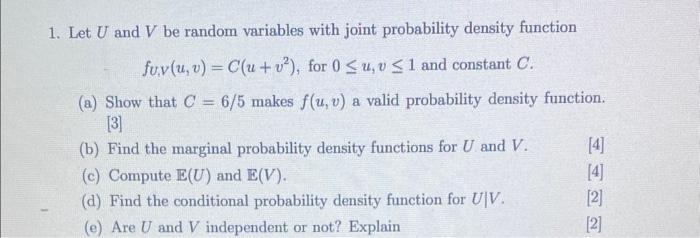 Solved 1. Let U and V be random variables with joint | Chegg.com