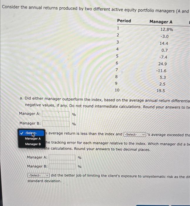 Solved a. Did either manager outperform the index, based on | Chegg.com