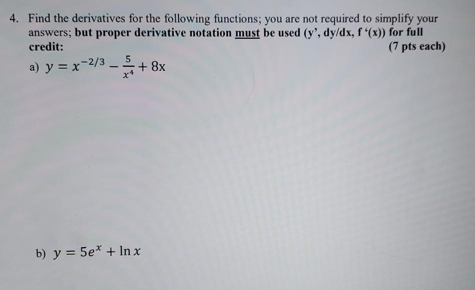 Solved 4. Find the derivatives for the following functions, | Chegg.com