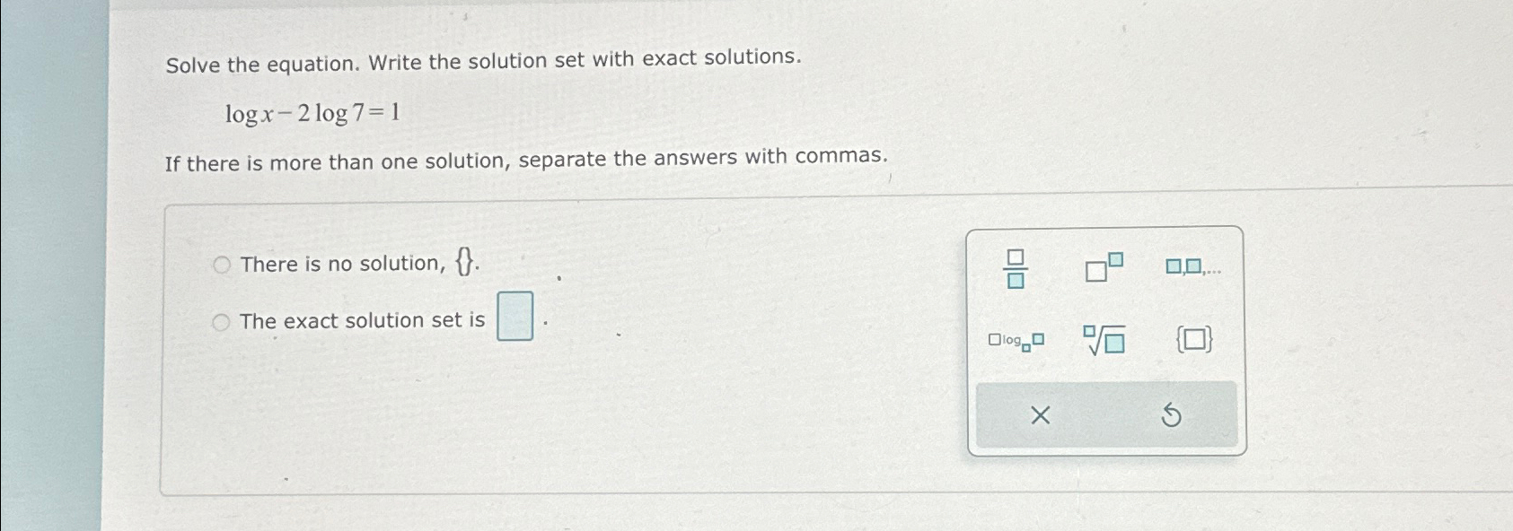 Solved Solve the equation. Write the solution set with exact | Chegg.com