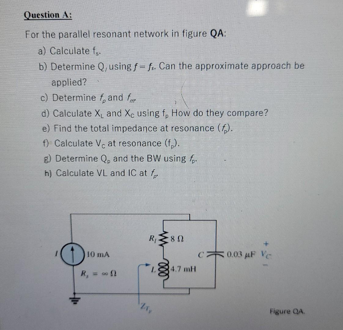 Solved Question A: For the parallel resonant network in | Chegg.com