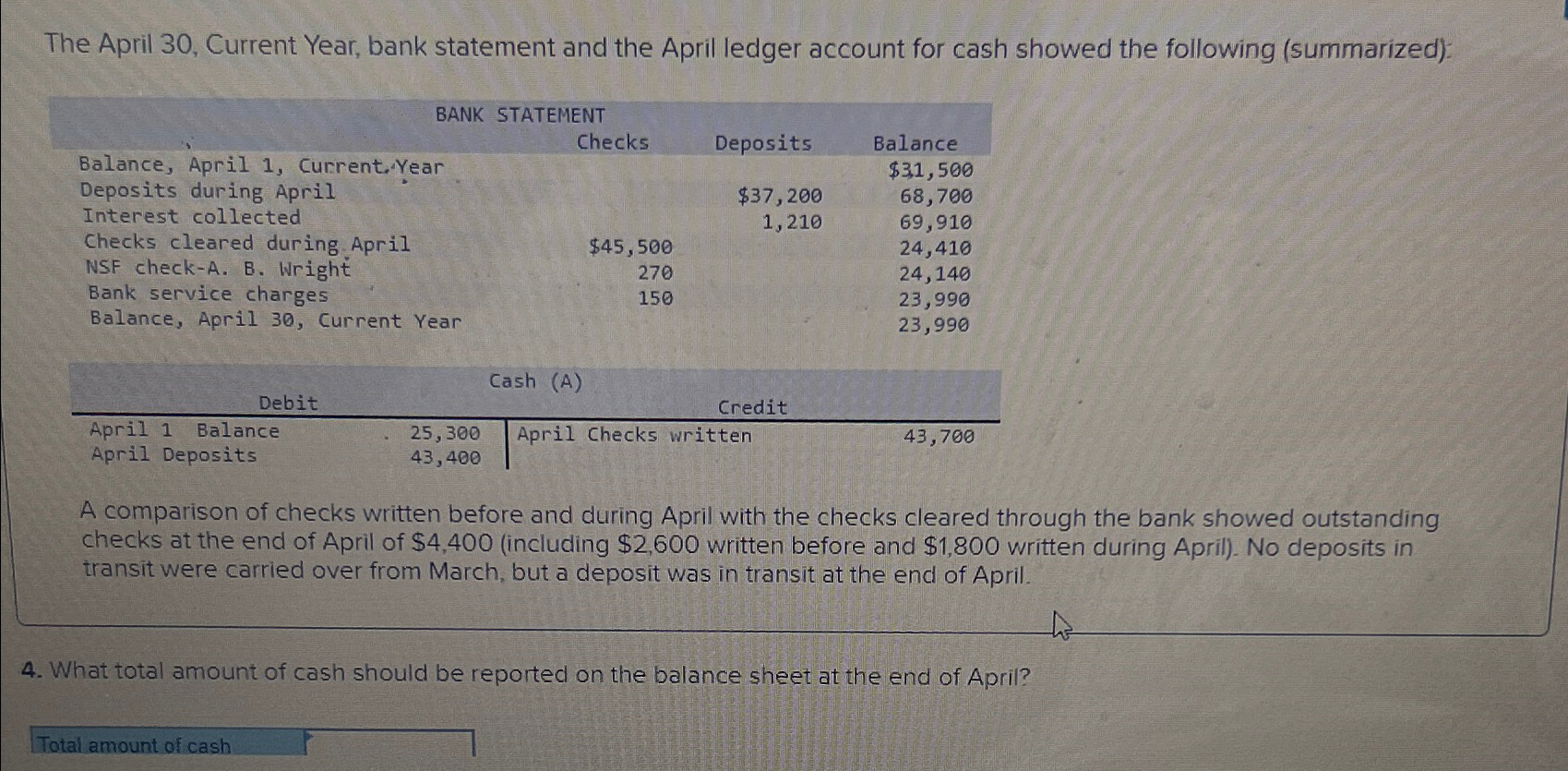 Solved The April 30, ﻿Current Year, bank statement and the | Chegg.com