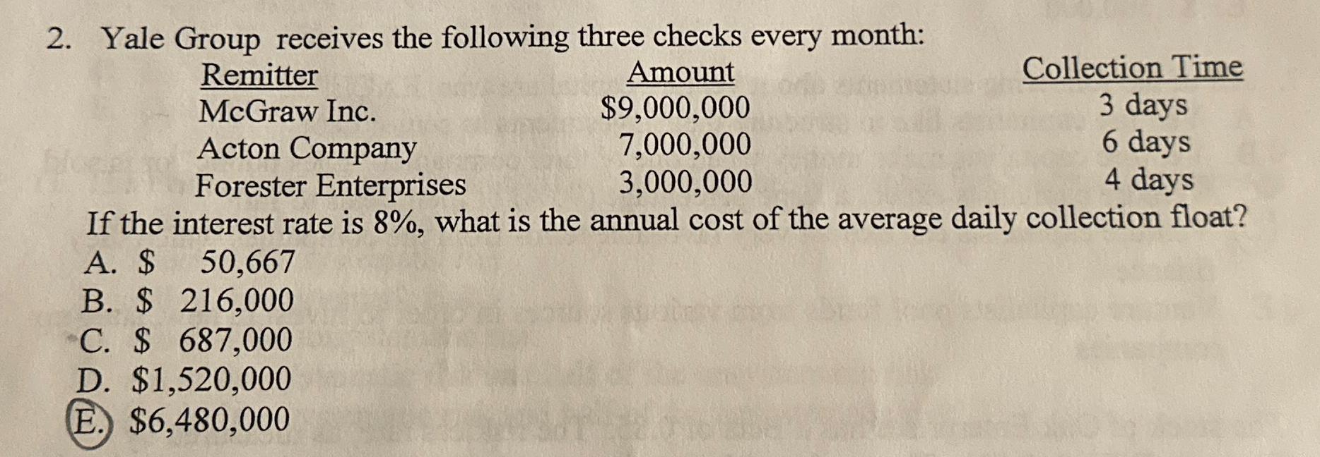 Solved Yale Group receives the following three checks every | Chegg.com
