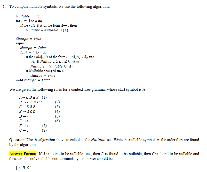 Solved To compute nullable symbols, we use the following | Chegg.com