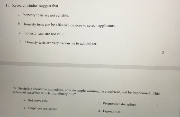 Solved 15. Research studies suggest that a. honesty tests | Chegg.com