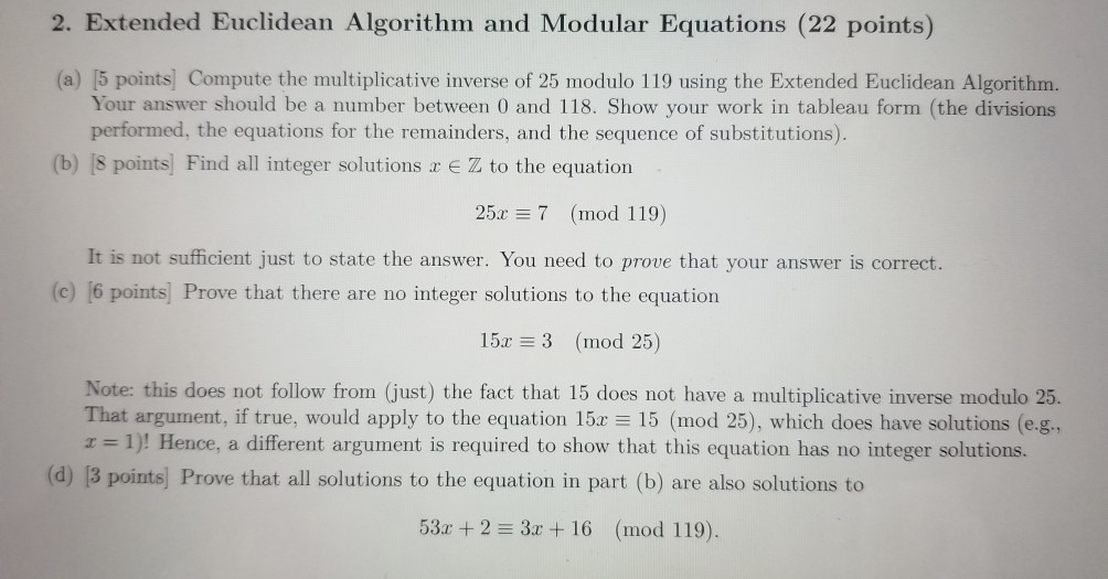 Solved 2 Extended Euclidean Algorithm And Modular Equations 4055