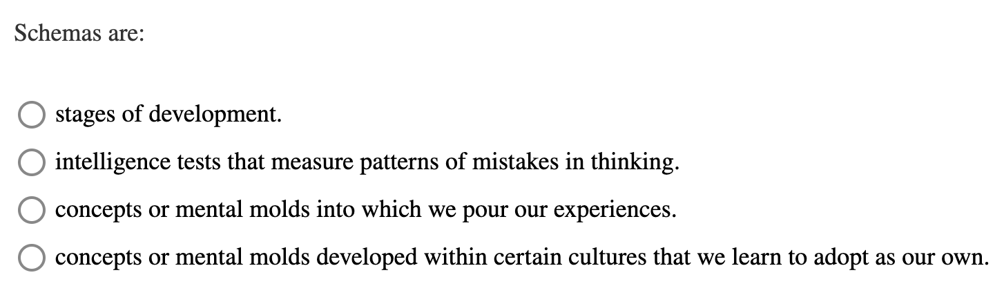 Solved Schemas are:stages of development.intelligence tests | Chegg.com