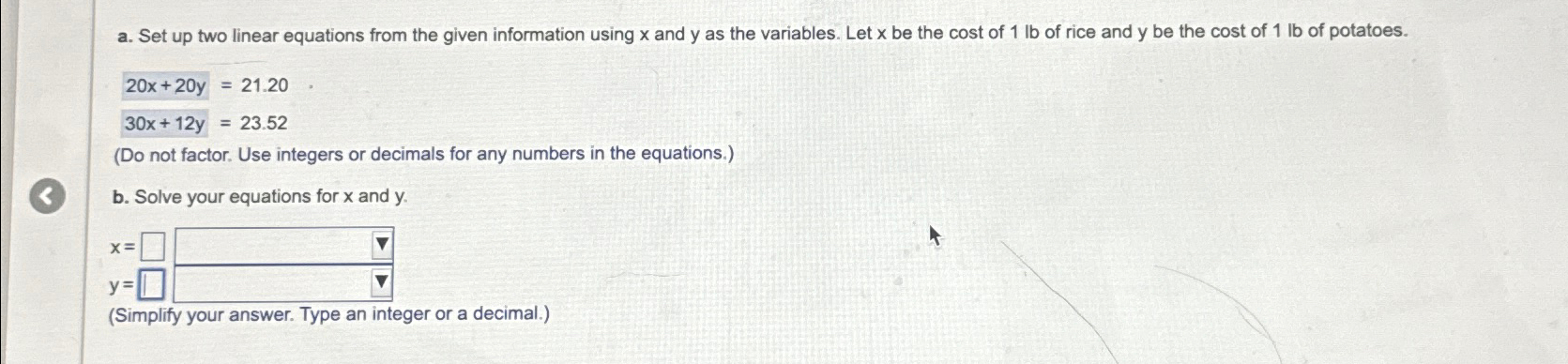Solved a. ﻿Set up two linear equations from the given | Chegg.com