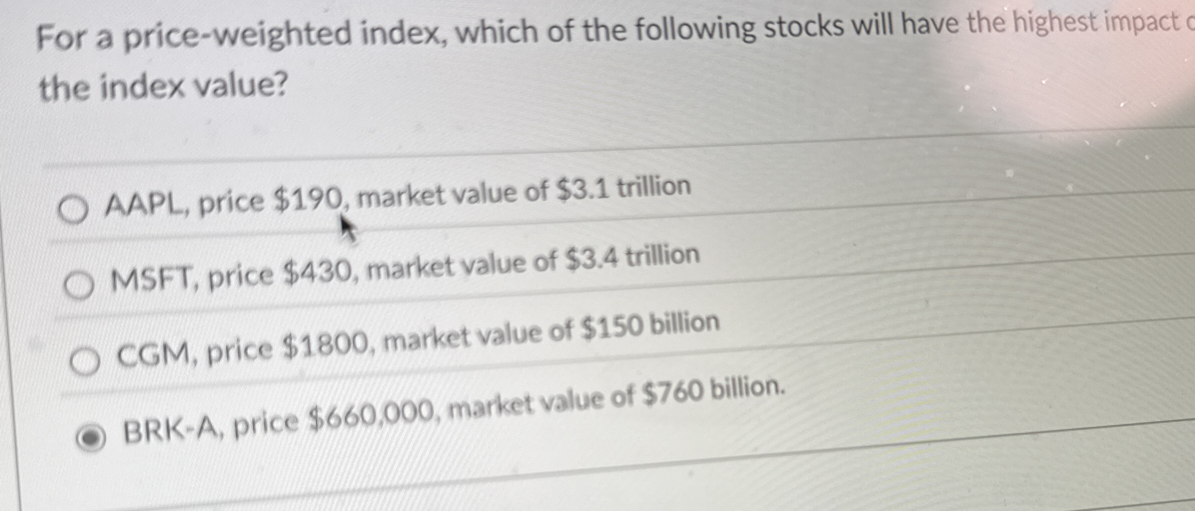 Solved For a price-weighted index, which of the following | Chegg.com