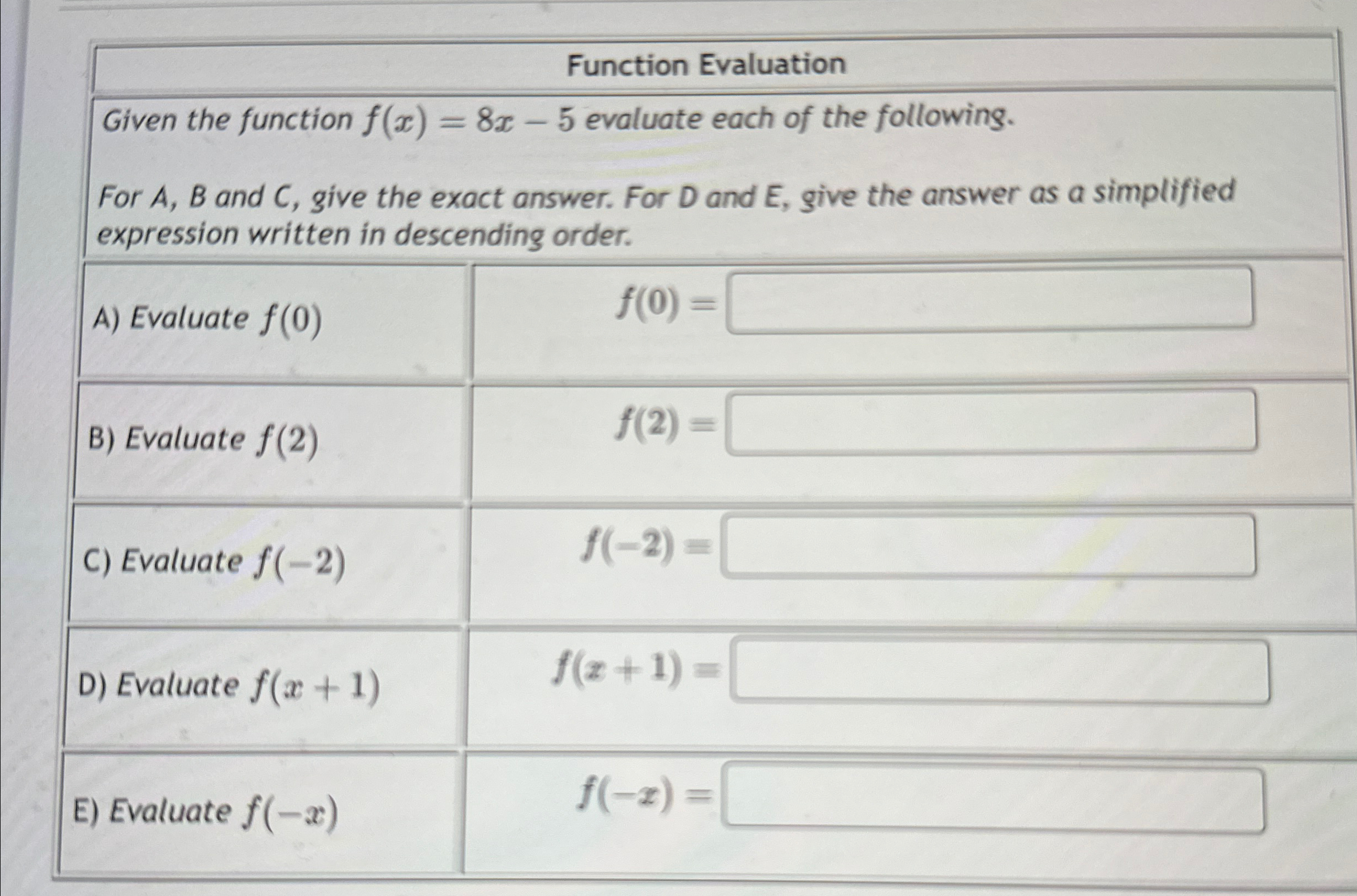 Solved Function Evaluationgiven The Function Fx8x 5 7597