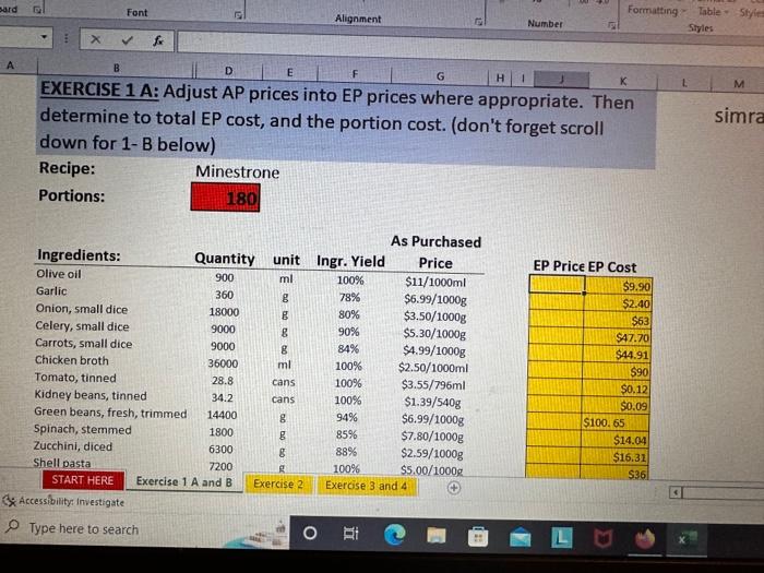 Solved EXERCISE 1 A: Adjust AP prices into EP prices where | Chegg.com