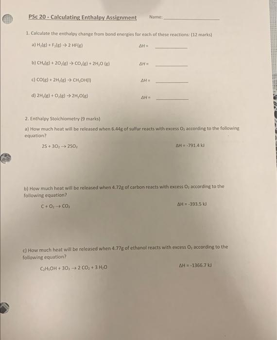PSC 20 - Calculating Enthalpy Assignment Name: 1. | Chegg.com