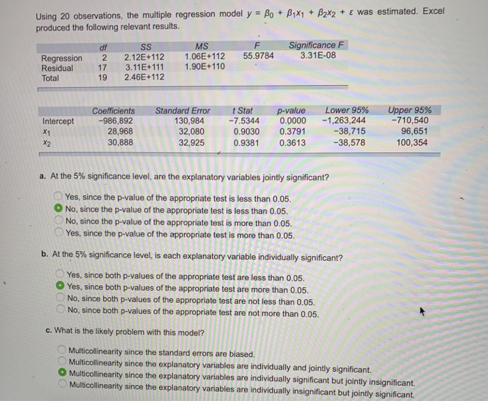 Solved Using 20 observations, the multiple regression model | Chegg.com